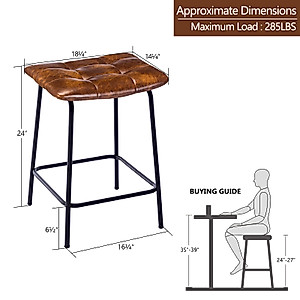 DUHOME 24” Square Tufted Counter Bar Stools Set of 2, Breathable Faux Leather Upholstered Barstool with Footrest, Backless Stool for Kitchen Counter Island Bar, YellowishBrown