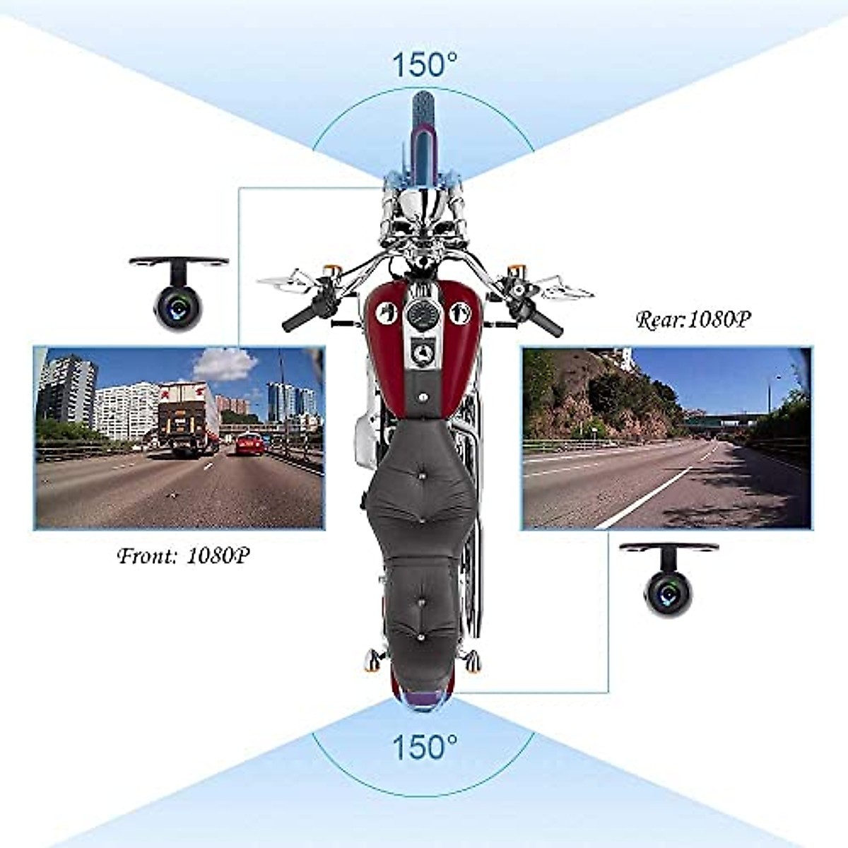 VSYSTO WiFi Motorcycle Dash Cam, 2 Inch Screen All Waterproof HD 1080P WDR SONY307 150° Wide Angle Fisheye Lens Front and Rear Camera, Night Vision, G-Sensor Loop Recording (Black-2Inch)