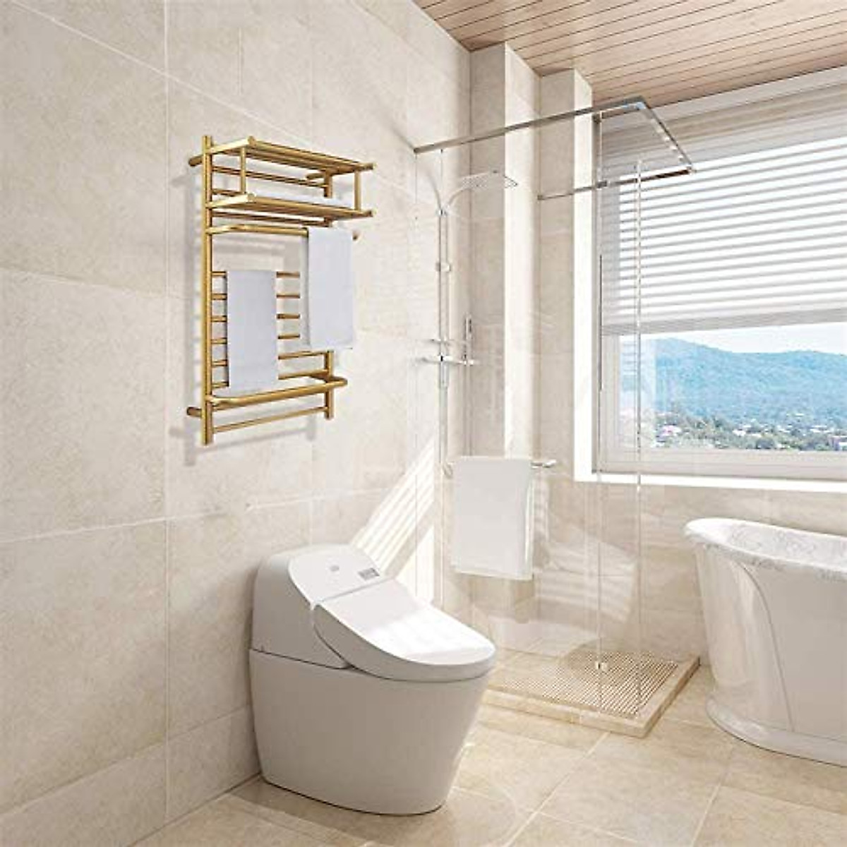 Bathroom Wall Heater Towel Warmers for Bathroom, Wall Mounted Electric Heated Towel Rack, 304 Stainless Steel Towel Dryer Rack Heated Towel Bars, Towel Rail Rack for Bathroom, Gold (Golden Hardwired