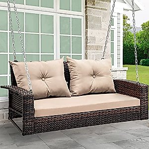 YITAHOME Wicker Hanging Porch Swing Chair Outdoor Brown Rattan Patio Swing Lounge w/ 2 Back Cushions Capacity 530lbs for Garden, Balcony, Living Room, Beige