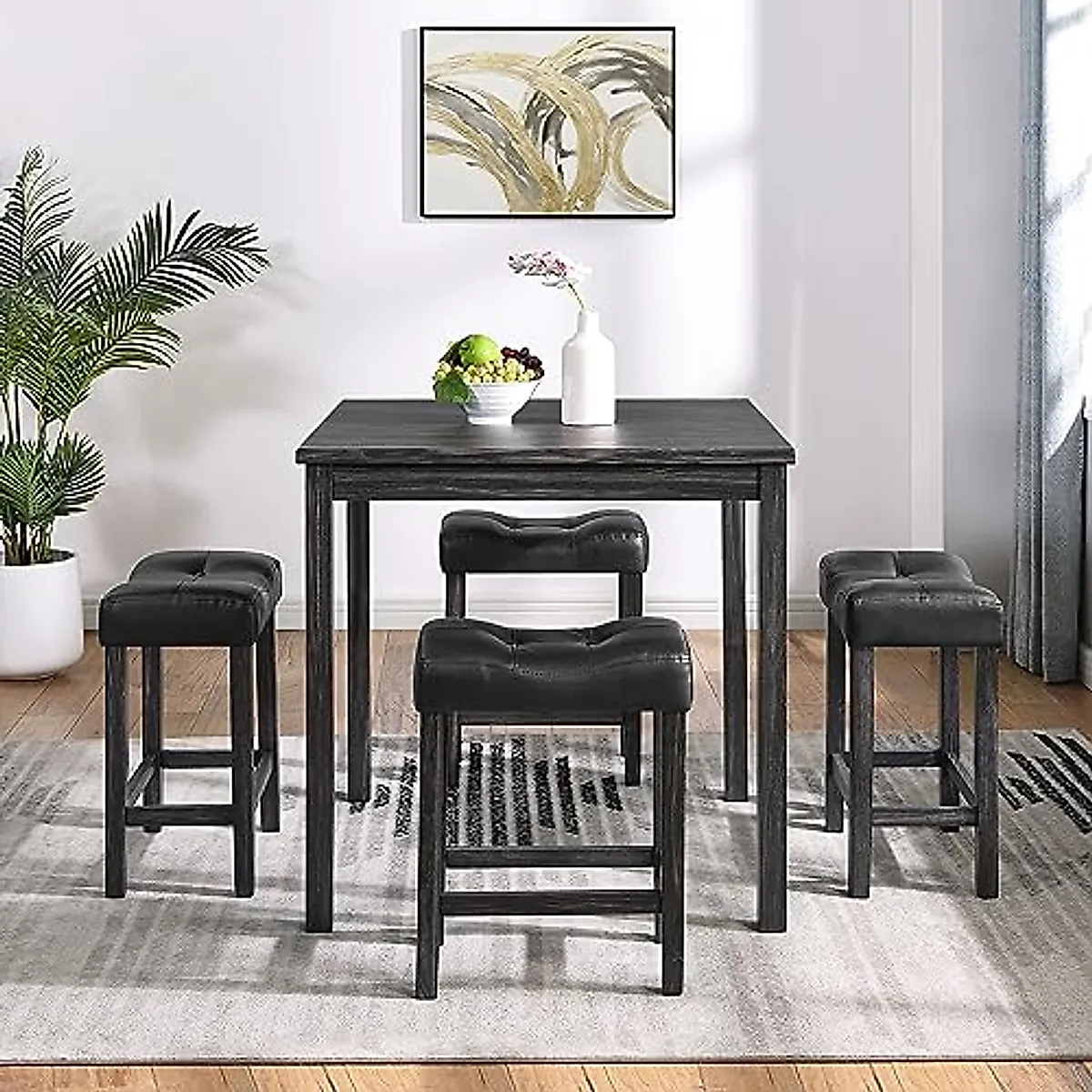 Bar Table and Chairs Set for 4,5 Piece Dining Table Set with PU Stool, Industrial Breakfast Table Set, for Living Room, Dining Room, Game Room,Small Space（Black）