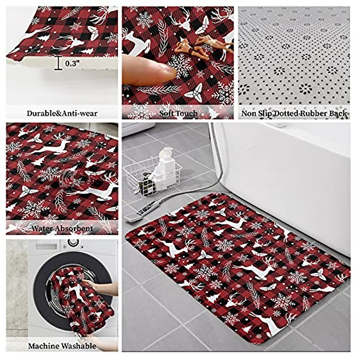 Libaoge Kitchen Mat Rug Set of 2 Christmas Elk Gift Snowflake Buffalo Red Black Plaid Runner Rug Anti-Fatigue Comfort Memory Foam Standing Mat Non-Slip Floor Door Mat for Bathroom 18x30in+18x60in