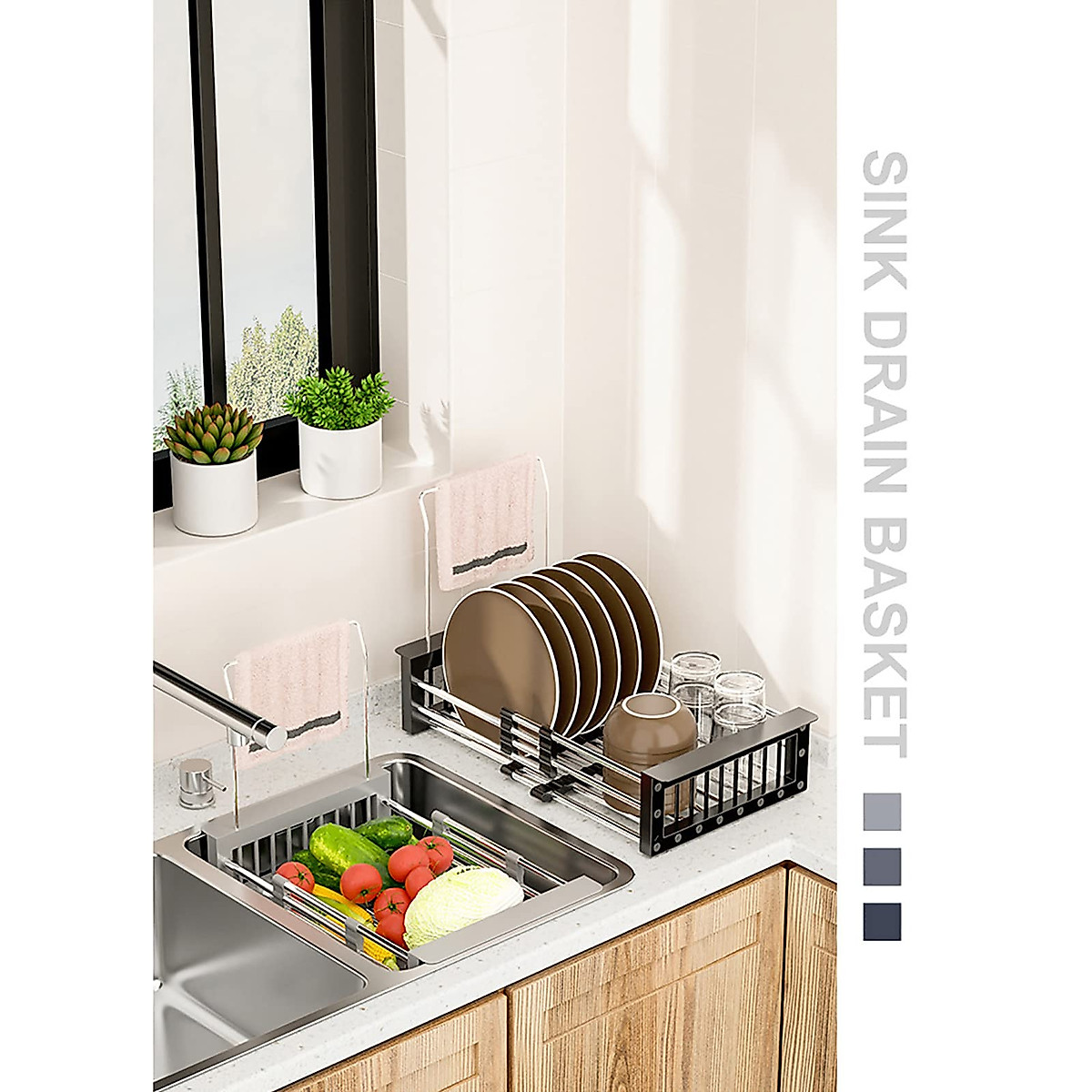 GULICA Dish Drying Rack, Adjustable Stainless Steel Drainer Basket Drain Tray for Dish Vegetable Fruit, On Counter Dish Rack or in Sink Over Sink Kitchen Basket Dish Drying Rack Grey