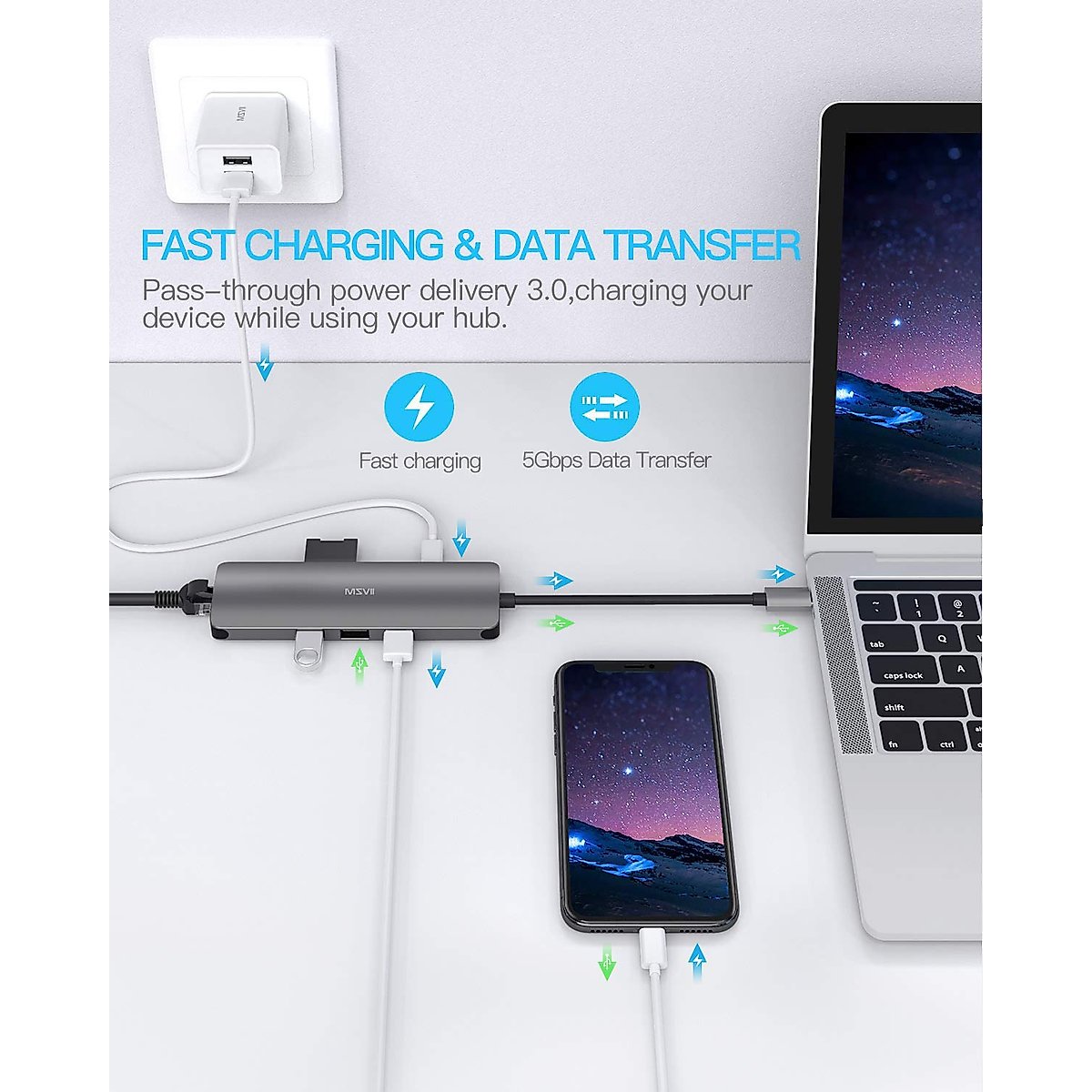 MSVII USB C Hub, 9 in 1 USB Type C Adapter with Ethernet, 4K USB C to HDMI, 3 USB 3.0 Ports, SD/TF Card Reader, 3.5mm Audio Jack, PD Fast Charging for Mac Book Pro and Other Type-C Laptops