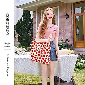 LHMTQVK Corduroy Tote Bags for Women, Large Capacity Corduroy Bag Reusable Grocery Shoulder Bag with Inner Pockets(Strawberry)