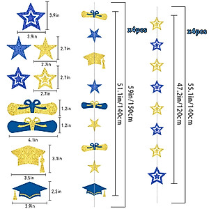 8-Pack 2024 Graduation Party Decorations - Blue Gold Glitter Backdrop with Cap, Diploma & Star Garland Banner Hanging Decor - Perfect for High School, College, and Middle School Graduation Parties