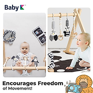 BABY K Wooden Baby Play Gym (with 7 Toys) - Foldable Wooden Play Gym with Wooden and Monochrome Hanging Toys for Baby Gym - Natural Wooden Surface - Cloth Cards & Mirror Toys for Activity Gym