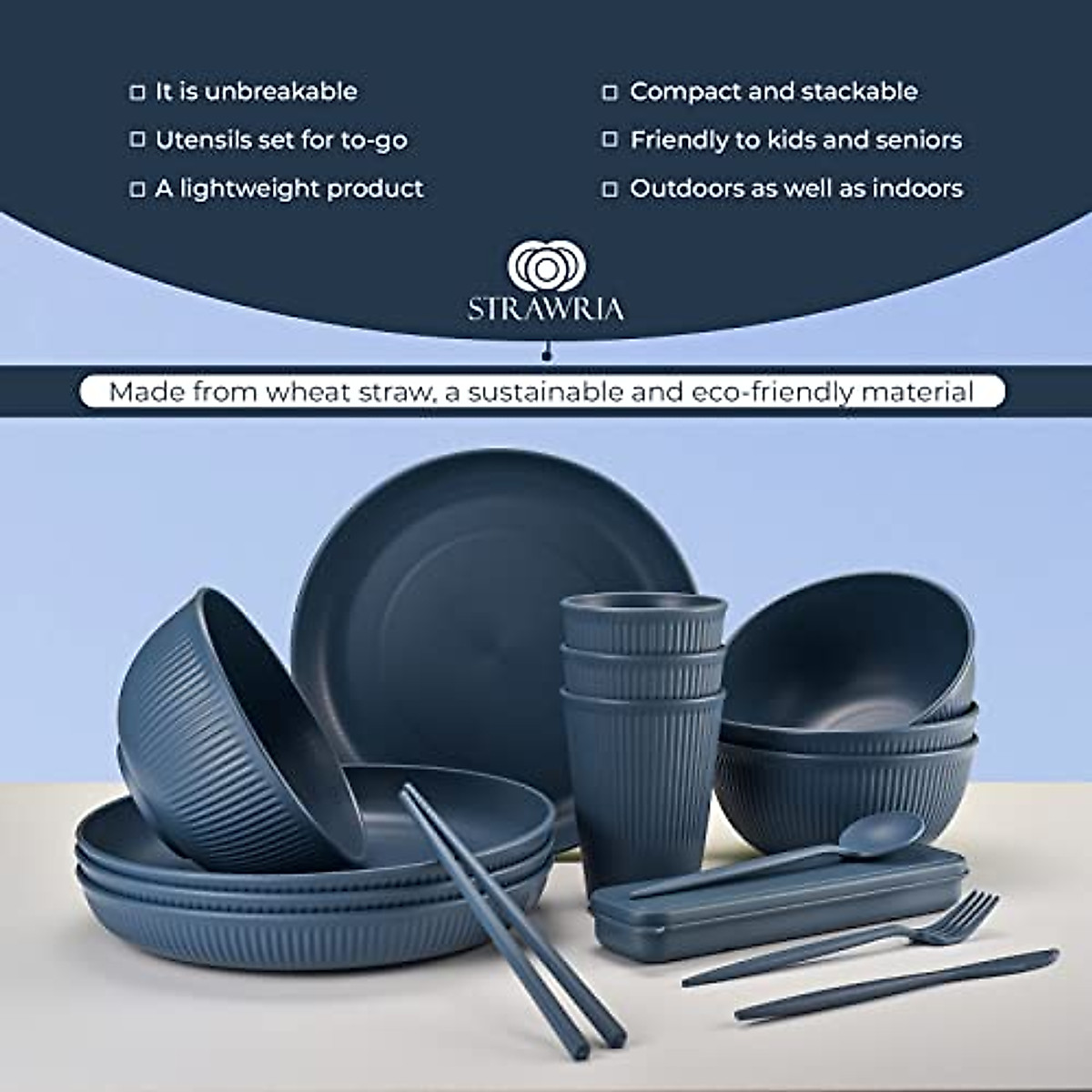 Wheat Straw Dinnerware Sets – Wheat Straw Plates and Bowls Sets with Cups and Cutlery – Eco-Friendly Unbreakable Dinnerware – Reusable Wheat Straw Plates – Microwaveable and Dishwasher-Safe