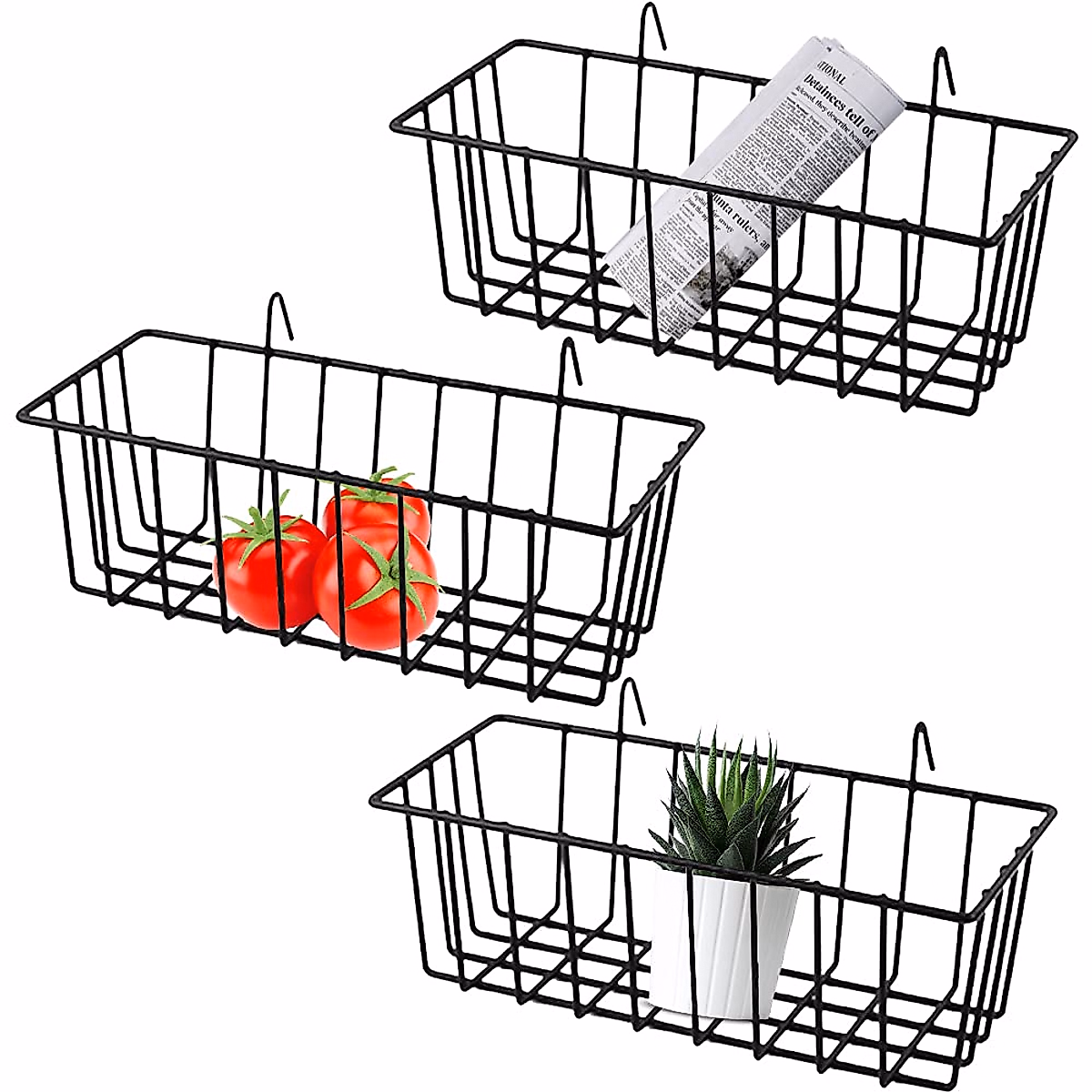3 Pack Wall Grid Panel Hanging Wire Basket,Wall Storage and Display Basket,Grid Wall Storage Basket for Kitchen,Home Decor Supplies,Black