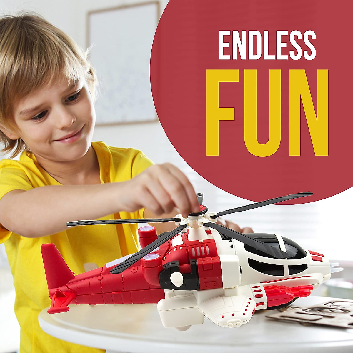 Toysery Bump and Go Helicopter Toys for Boys, Girls, Toddlers – Aircraft Toy Set with Lights & Realistic Sounds, Fun Toy Helicopter for Kids, Great All-Occasion Gifts, Red