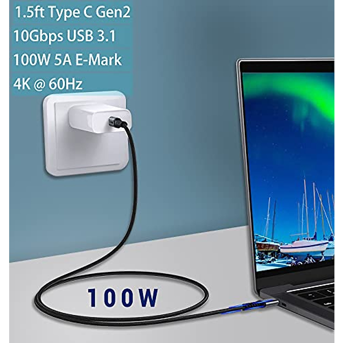 Short USB C to USB C Cable (1.5ft 2 Packs), 3.1 Gen 2 10Gbps 100W 4K USB C Video High Speed Data Transfer Fast Charging Cord Compatibile with Samsung Galaxy T5 LaCie SSD, MacBook, Display Monitor