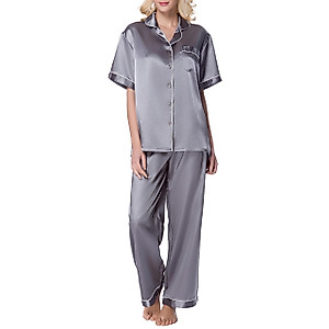 Lavenderi Women's Short Sleeve Classic Satin Pajama Set（X-Large,Silver Grey