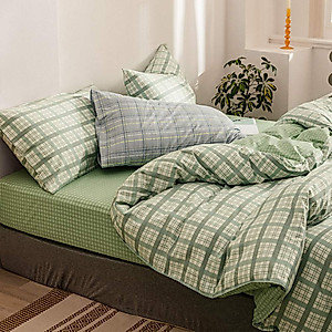 LifeTB 4 PCS Reversible Green Plaid Duvet Cover Set 【1 Queen Duvet Cover + 2 Standard Pillowcases + 1 Queen Fitted Sheet】