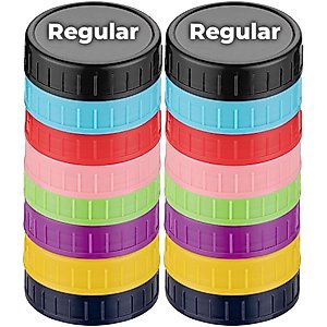 Plastic Canning Lids for Mason Jars (16 Pcs Regular-Mouth), Reusable Storage Caps w/Food-Grade Silicone Seal Rings, Colored Leak-proof Jar Lids by KapStrom