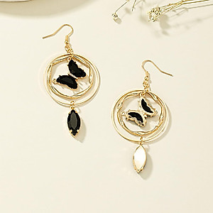 Black Butterfly Dangle Earrings for Women Green Gemstone Drop Gold Plated Earrings Fashion Jewelry Gifts Hypoallergenic