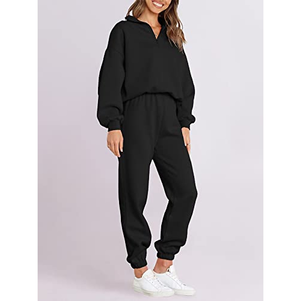 ANRABESS Women's Oversized Long Sleeve Lounge Sets Casual Top and Pants 2 Piece Outfits Sweatsuit with Pockets Black Ci776-hei-S