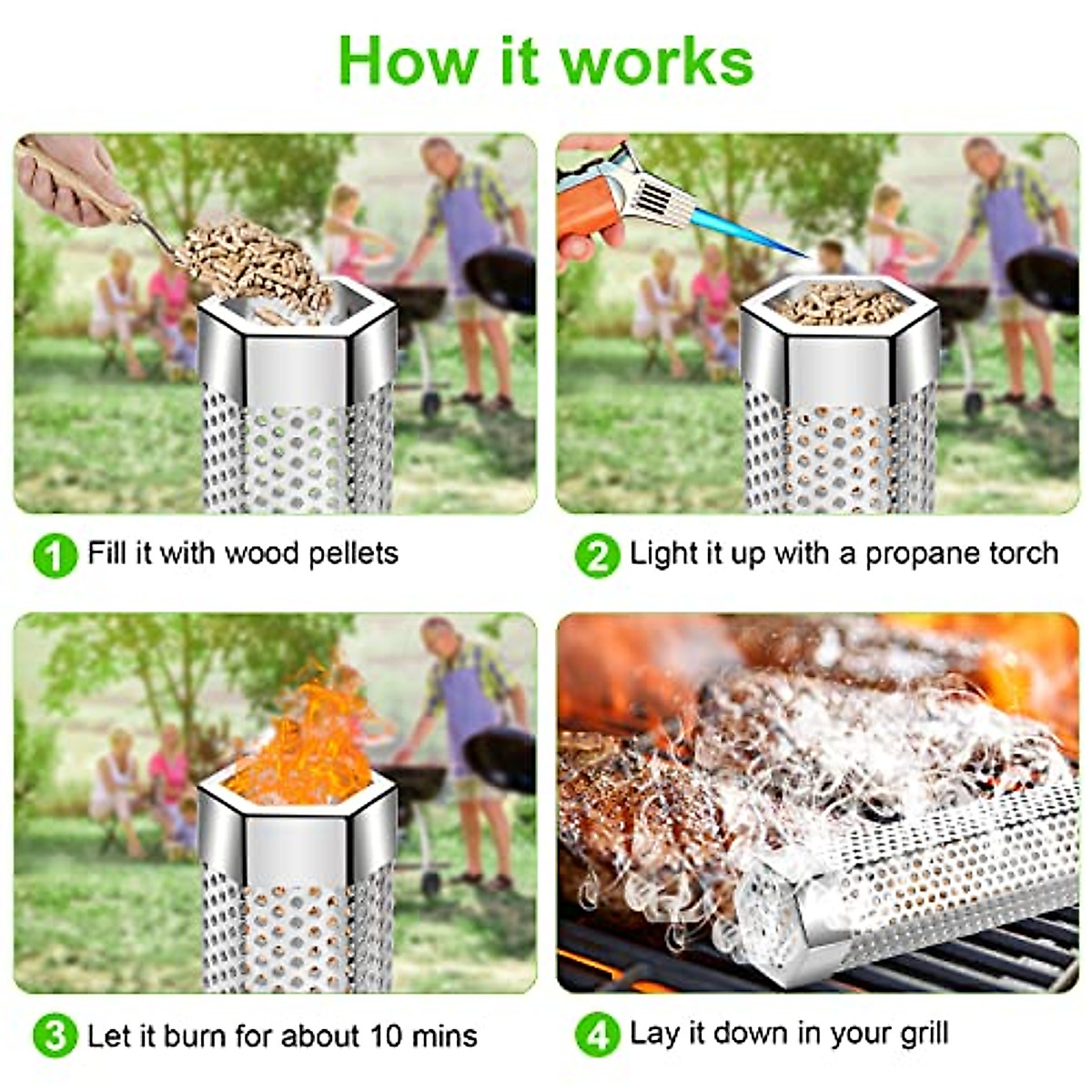 12'' Pellet Smoker Tube-304 Stainless Steel BBQ Smoker Tube with 1 Hooks and 2 Brushes for Cold/Hot Smoking 5 Hours of Billowing Smoke, for All grill or smoker