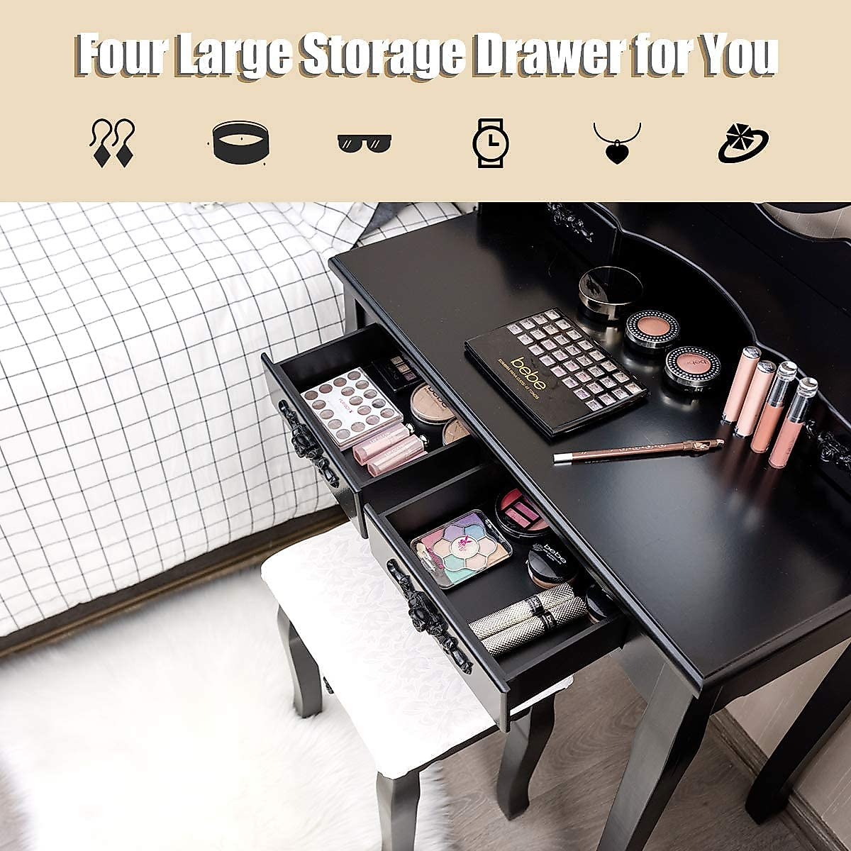 LDAILY Vanity Table Set w/Lighted Mirror, Makeup Vanity Table with 10 LED Lights, 4 Drawers & Oval Mirror, Bedroom Dressing White Black Dark Brown BC-HW66050US Vanity Table Set with Lighted Mirror