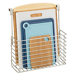 mDesign Metal Wire Kitchen Bakeware Organizer Basket - Hang Over Cabinet Door - Storage for Baking Sheets, Cupcake Tins, Cutting Boards, Foil, or Plastic Wrap - Concerto Collection - Matte Satin