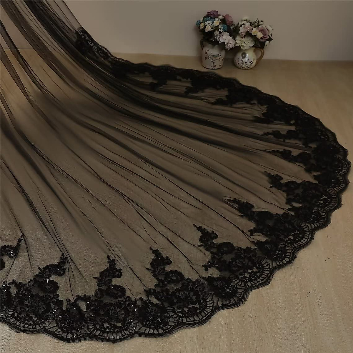 Hazhlko Women's 118" 1 Tier Black Cathedral Length long Lace Sequins Wedding Veil Sparkly Bridal Veil with Metal Comb