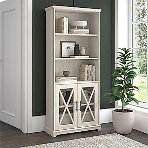 Bush Furniture Lennox Tall 5 Shelf Bookcase with Glass Doors in Linen White Oak | Farmhouse Bookshelf Cabinet for Living Room and Home Office