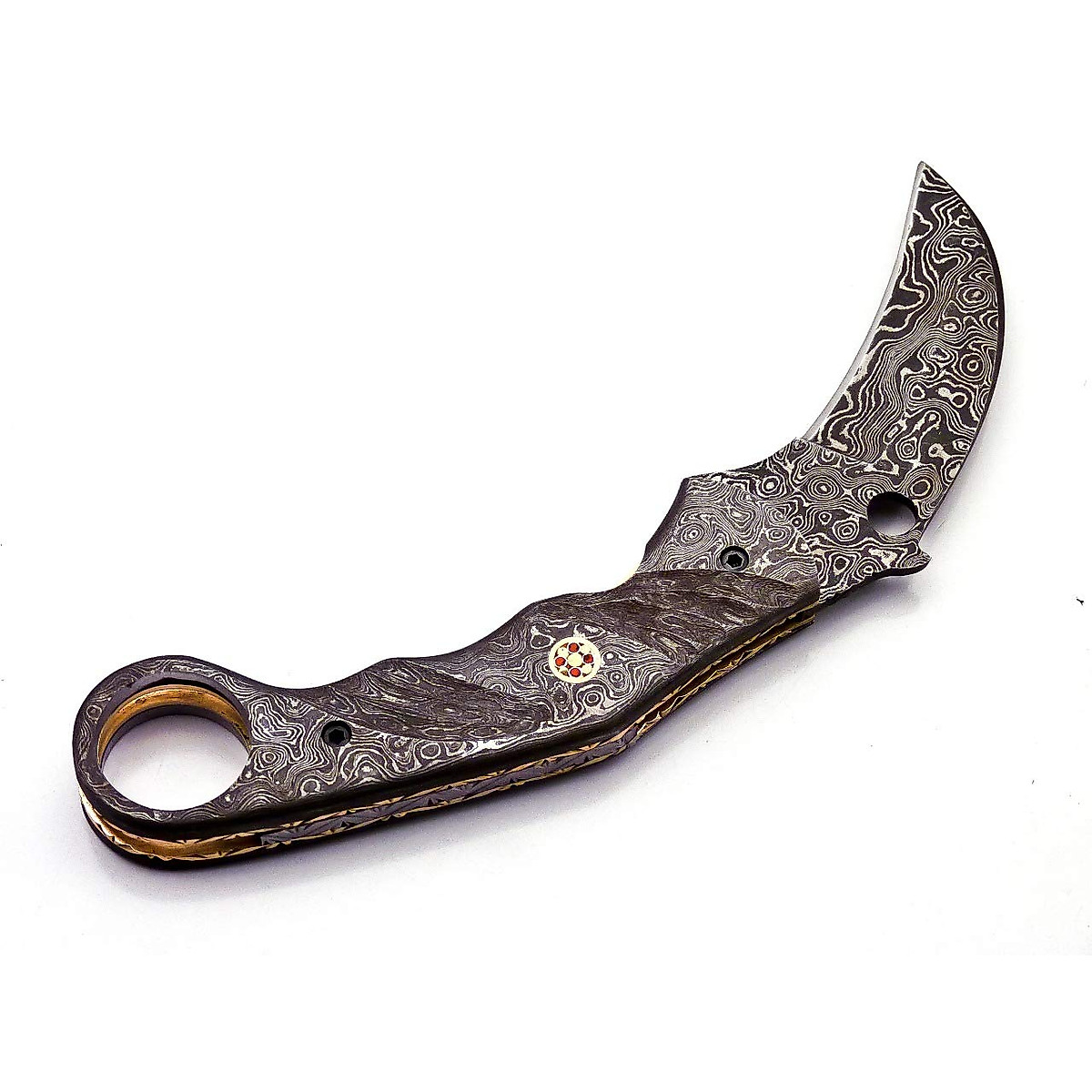 8.5" Handmade Damascus Folding Pocket Knife Karambit Knife Hunting Knife Handle Damascus Steel with Leather Sheath 108, 203