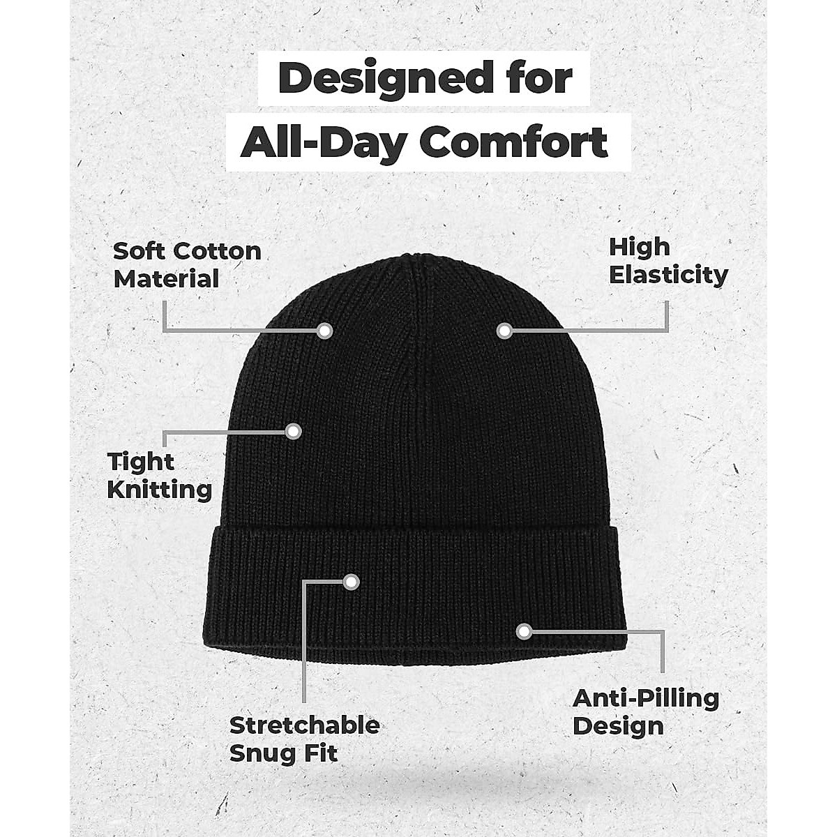 Cotton Cuffed Beanie - Men and Women - 100% Cotton - 10 Colors - Black