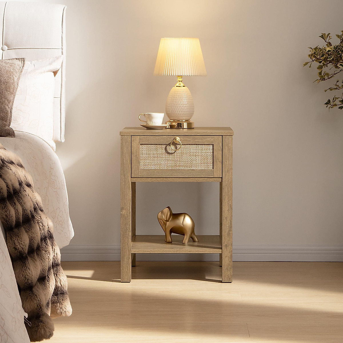 SICOTAS Nightstand Set of 2 - Rattan Decor Drawer with Brass Knobs Night Stand Bedside Table Boho End Tables Side Tables with Storage Shelf for Bedroom, Small Space