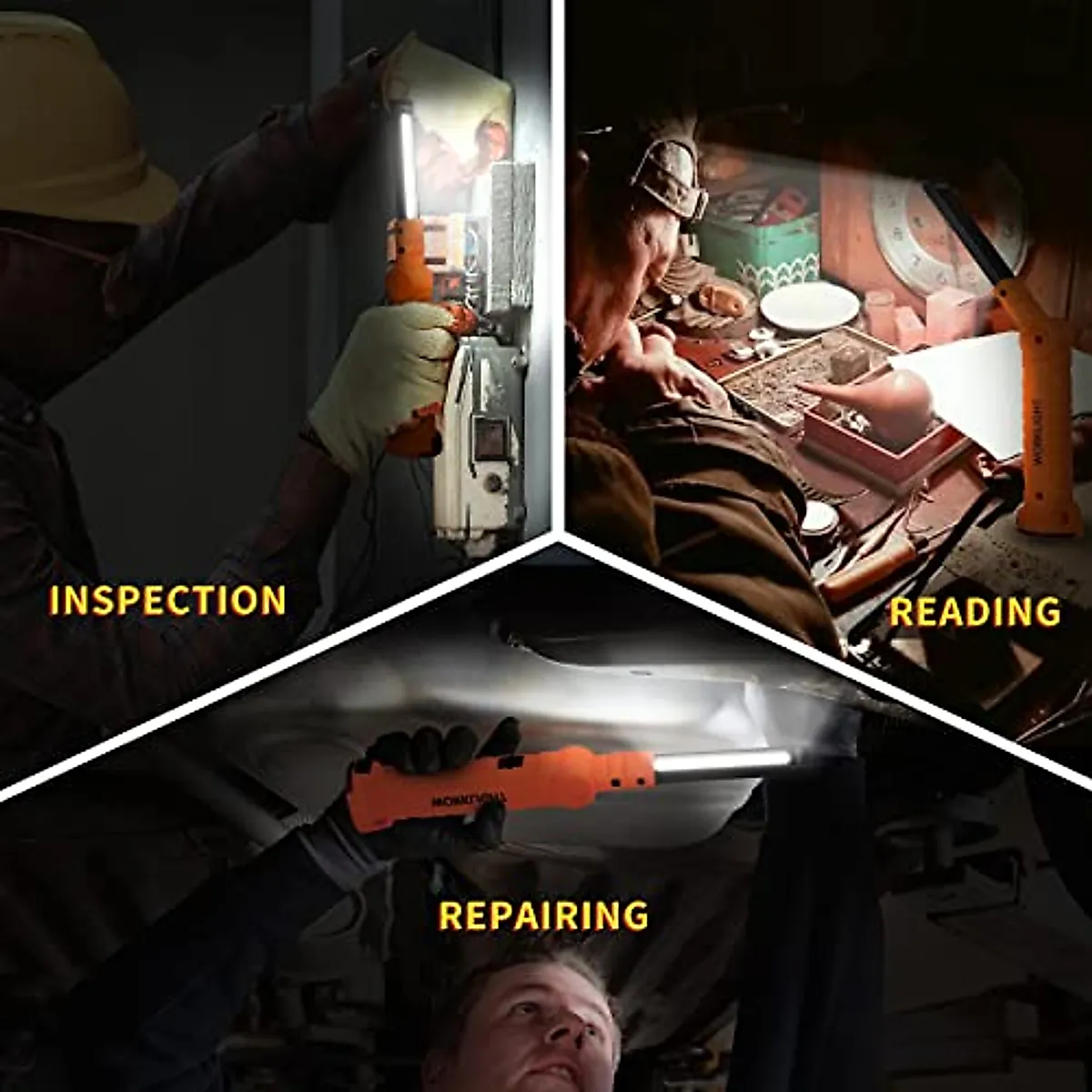 Suranew LED Worklight Flashlight, COB Rechargeable Work Lights with Magnetic Base 360 Degree Rotate and 5 Modes Portable Flood Light Inspection Construction Light for Car Repair (Orange, 2 Pack)