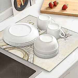 Light Brown Eiffel Tower Printed Drying Mat For Kitchen Ultra Absorbent Microfiber Dishes Drainer Mats Non-Slip Silicone Quick Dry Pad - 18 X 16inch