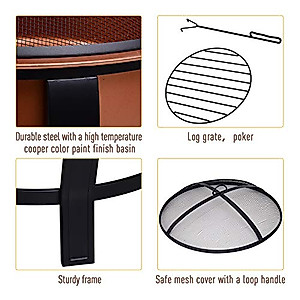 Outsunny 30 Inch Outdoor Fire Pits, Copper-Colored Round Basin Camping Fire Pit, Wood Burning Firepit Bowl with Ornate Black Base, Log Grate, Wood Poker, & Mesh Screen for Embers