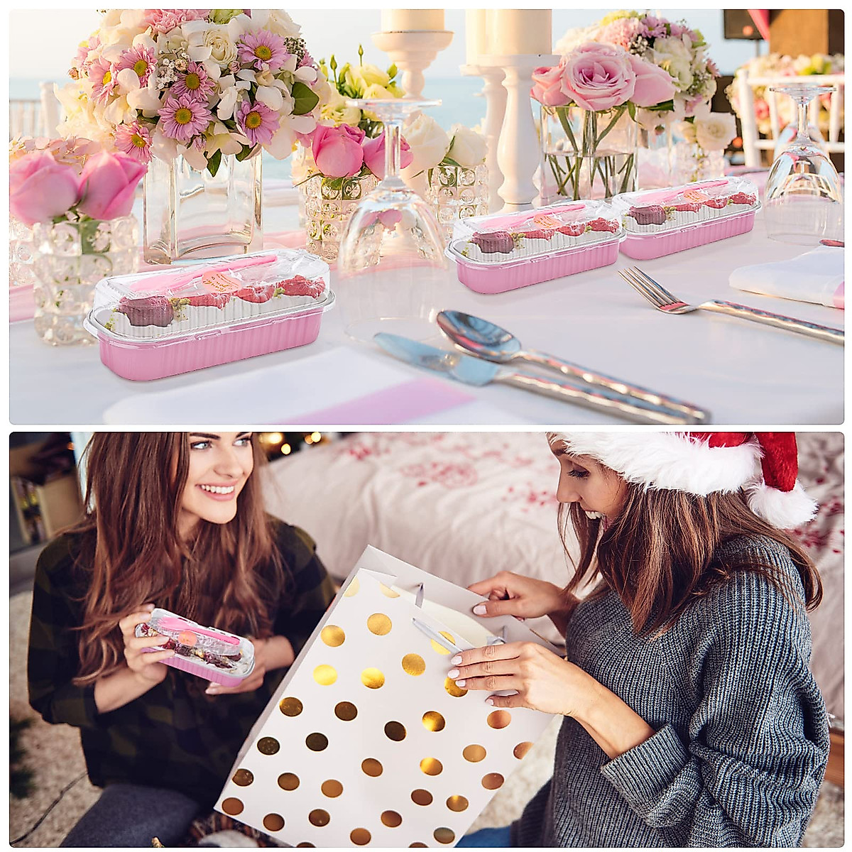 ylnurac 100Pack Pink Mini Cake Pans with Lids Mini Loaf Pans and Spoons and Stickers, 6.8Oz Aluminum Foil Pans Tins, Individual Dessert Cups Containers for Sales,Party,Picnic