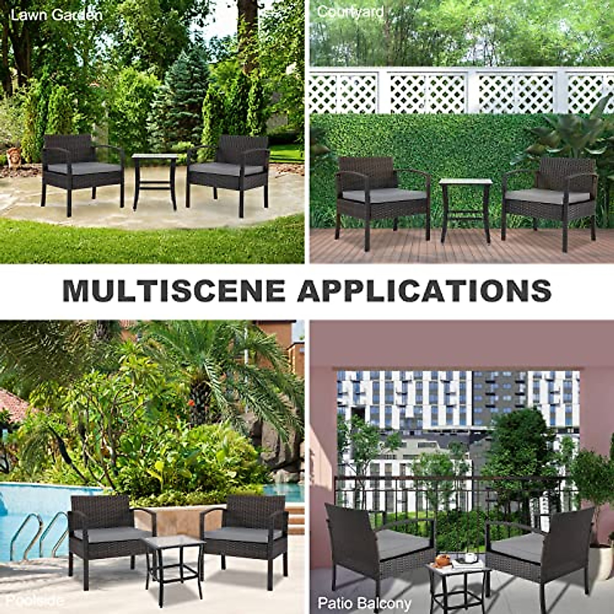 Whubefy 3 Pieces Patio Furniture Set, Rattan Wicker Bistro Set Table and 2 Chair with Washable Cushion for Garden Poolside Balcony