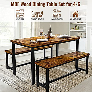 DKLGG 3-Pieces Dining Table Set with 2 Benches, Dining Table Set for 4, Wood Kitchen Table and Chairs Sets w/Metal Frame, Dining Sets for Small Spaces Kitchen Dining Room Restaurants (Rustic Brown)