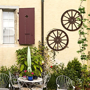 2 Pcs 12 in Farmhouse Rustic Wagon Wheel Wooden Decoration Western Cowboy Style Home Decorations with Metal Hooks 3D Structure Style (Brown 3D)