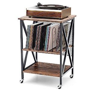 GOFLAME Record Player Stand, 3-Tier Rolling Vinyl Record Storage Holder Stand with 3 Dividers, Turntable Stand with Universal Wheels and Lockable Casters for Living Room, Bedroom, Office, Brown