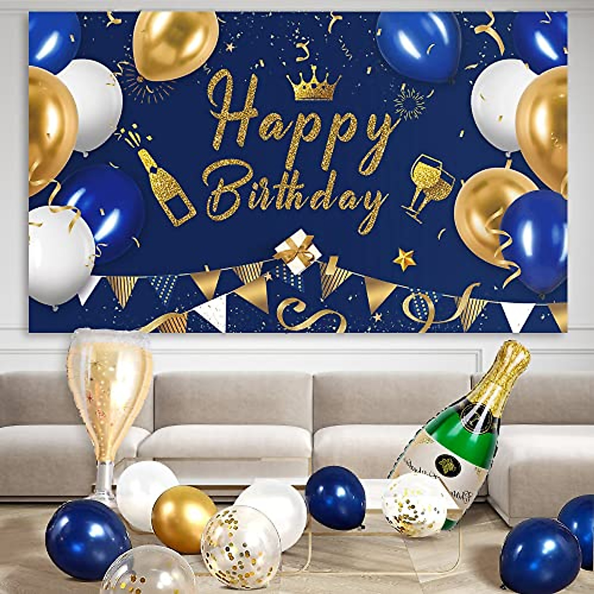 MOVINPE Navy Blue Gold Birthday Party Decorations, Birthday Photography Backdrop Banner Party Tablecloth Confetti Balloons Arch Garland Cake Topper for Bday Party Supplies Deocr