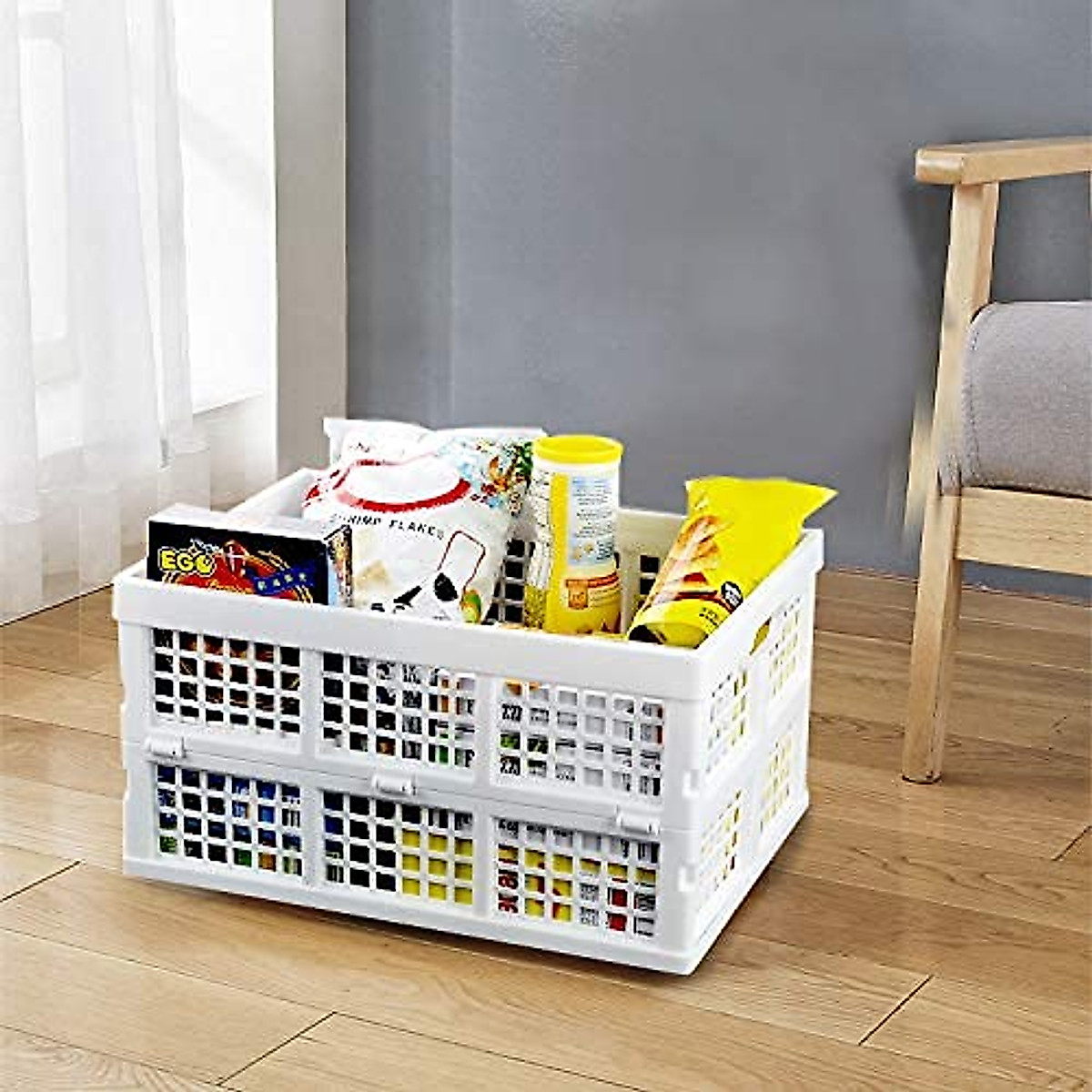 Sosody 34 L Large Collapsible Plastic Storage Crates, Folding Storage Baskets Stackable, White, 4 Packs