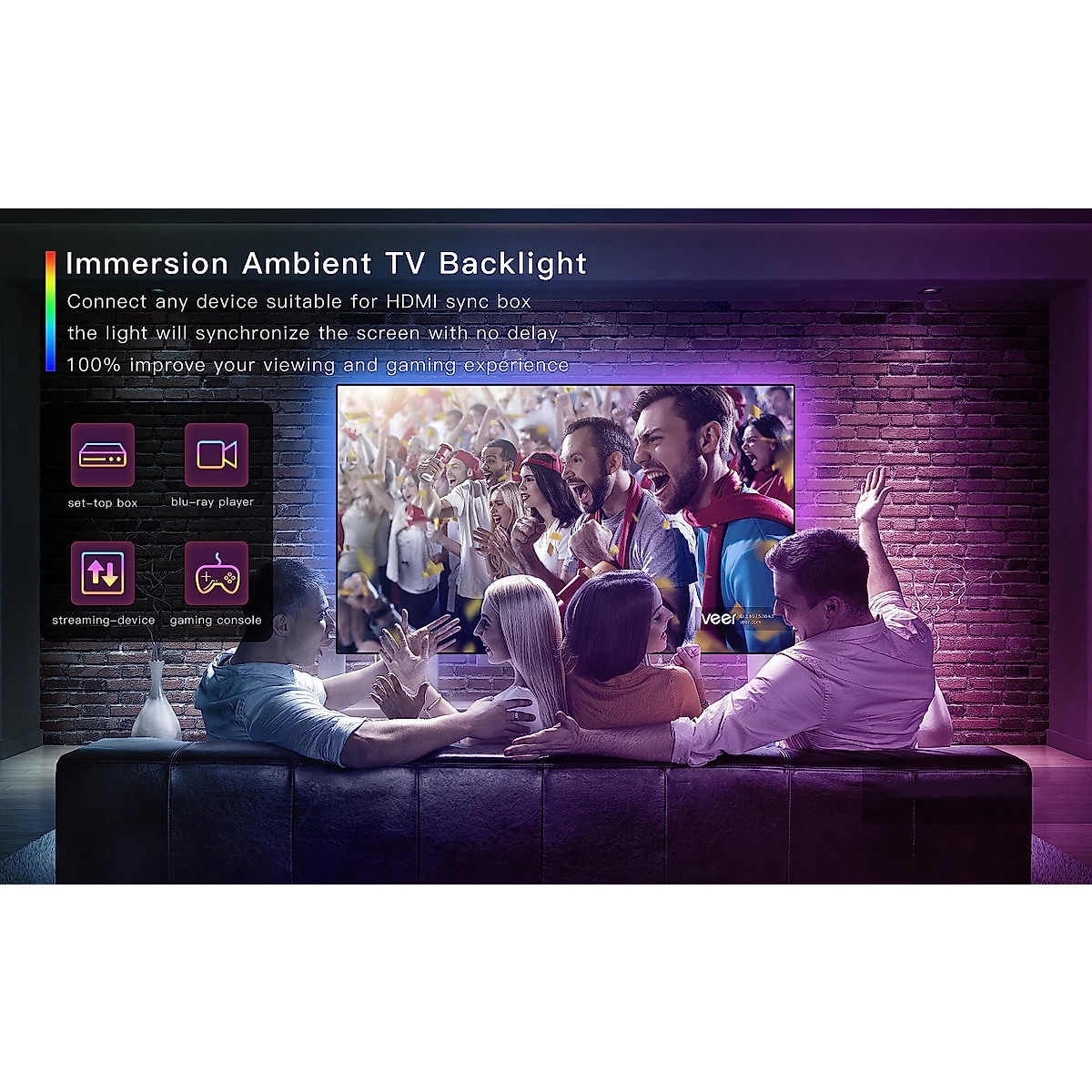 Azoula TV LED Backlight Immersion Ambient TV Strip Lights for 55-65 Inch TV HDMI 2.0 Sync Box RGB+IC Wi-Fi Backlight Music Sync TV Light, Compatible with Alexa Google Assistant App Contro