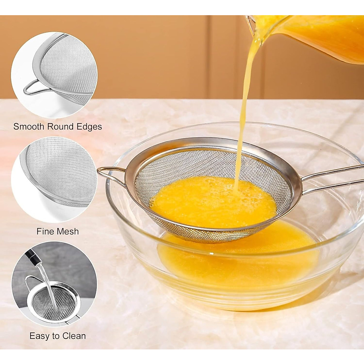 Eleen Stainless Steel Strainer | Set of 3 Kitchen Strainers Available Sizes (S,M,L) | Perfect Strainers for Kitchen Use | Mesh Strainer with Durable, Strainers fine Mesh for Tea, Pastas, Vegetables