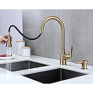 Derengge KF-058S-CS Single Handle Pull-Down Kitchen Faucet with Soap Dispenser, 2 Hole Installation, Meets cUPC NSF 61-9 AB1953, Brushed Gold Finished