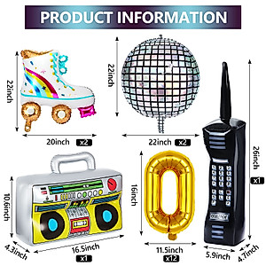 18 Pieces 80s 90s Party Decorations Rainbow Roller Skate Balloons Gold Chain Balloons Inflatable Boombox Radio Mobile Phone Balloons 4D Disco Ball Aluminum Film Balloons for Adult Hip Hop Themed Decor