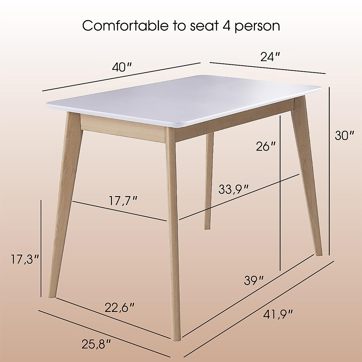 DAIVA CASA Pegasus Rectangular Dining Table - Birch Solid Wood Kitchen & Dining Room Furniture - Mid Century Modern Scandinavian Style – White Brown Kitchen Table for Small Space – 40х24 inch
