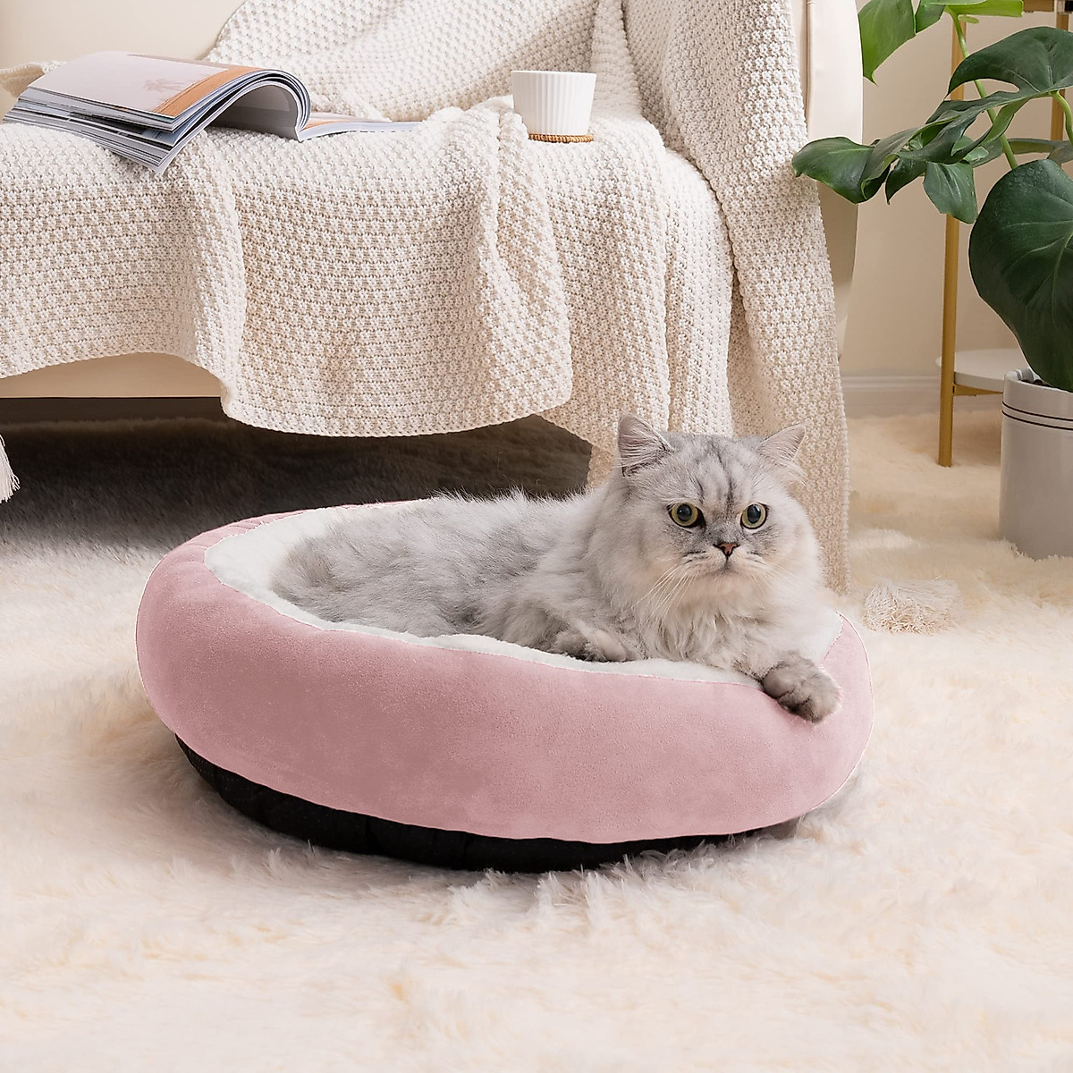 Love's cabin Round Donut Cat and Dog Cushion Bed, 20in Pet Bed for Cats or Small Dogs, Anti-Slip & Water-Resistant Bottom, Super Soft Durable Fabric Pet Beds, Washable Luxury Cat & Dog Bed Pink