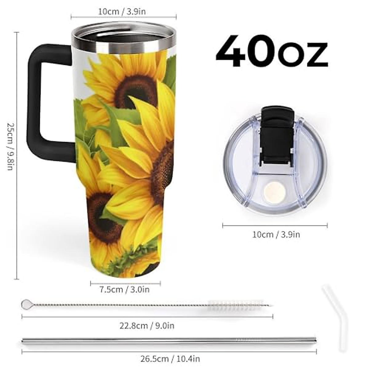 Sunflower 40 Oz Water Bottle, Stainless Steel Tumbler with Handle And Straw, Extra Large Insulated Tumbler, Flip Straw Tumblers for Sports, Work, Car, Travel And Weekends
