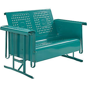 Crosley Furniture Bates Retro Metal Outdoor Loveseat Glider + 3-Piece Seating Set with Side Table and 2 Chairs, Turquoise Gloss