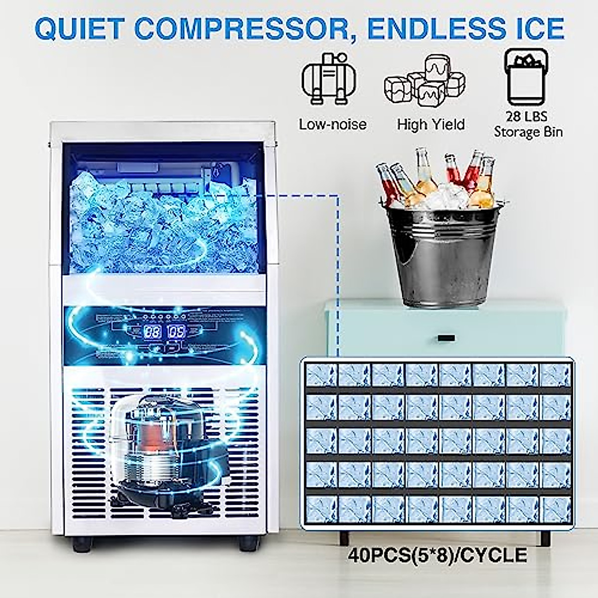 Zomagas Commercial Ice Maker Machine, 80-90LBS/24H Under Counter Ice Maker, Stainless Steel Freestanding Ice Machine with 28LBS Bin, Self-Cleaning, Scoop, Ideal for Home Bar Offices