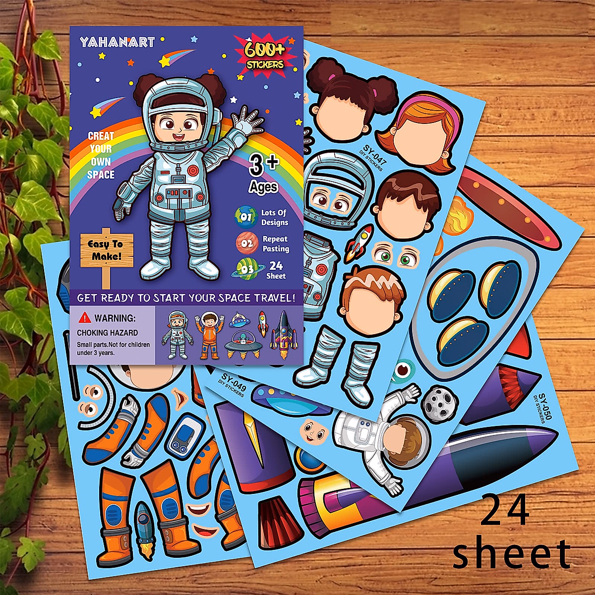Mocossmy Make a Face Stickers Sheets,24 Sheets Make Your Own Astronaut UFO Rocket Mix & Match Space Themed Stickers,DIY Stickers for Kids Art Crafts School Rewards Birthday Party Favor Supplies Games