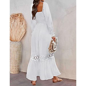 ZESICA Women's 2024 Boho Long Sleeve Square Neck Smocked High Waist Flowy A Line Lace Trim Maxi Dress White