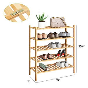 BMOSU 5-Tier Bamboo Shoe Rack Premium Stackable Shoe Shelf Storage Organizer for Hallway Closet Living Room Entryway Organizer (Natural Bamboo)